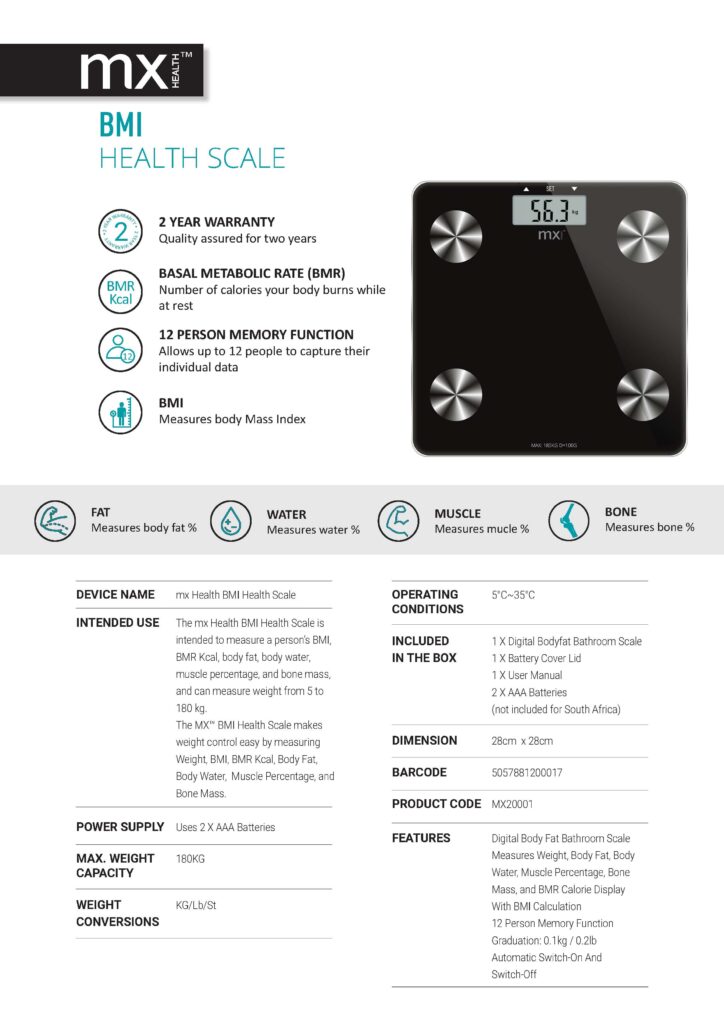 Medical Devices-Digital BMI Bathroom Scale - mx™ Health
